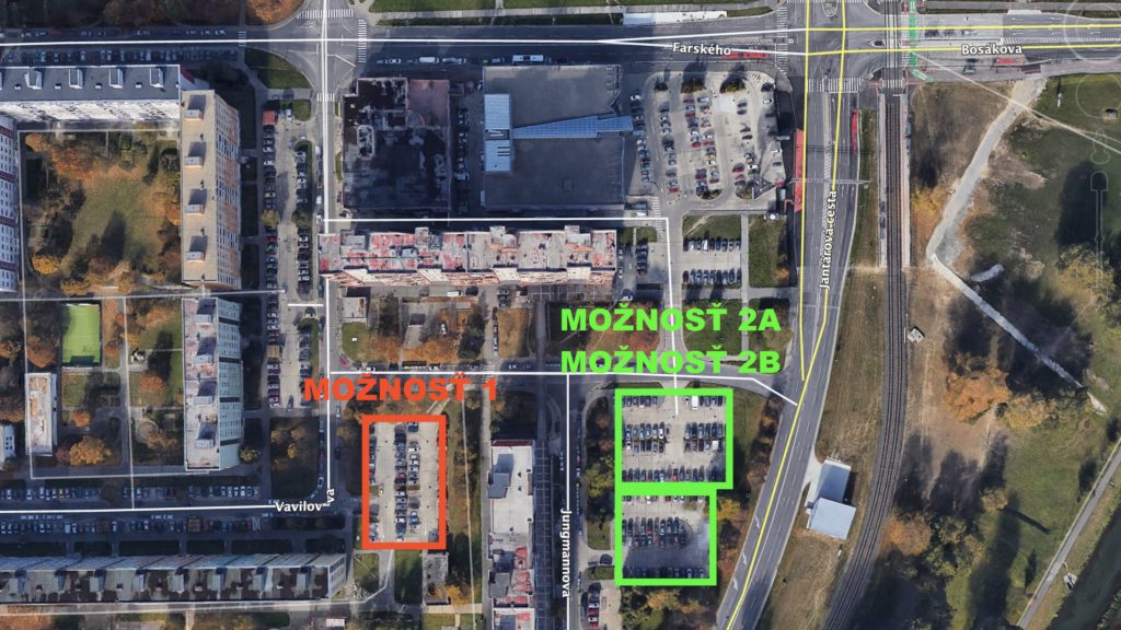 Mapa Jungmanova (zelena) vs Vavilovova (cervena) - Petržalka